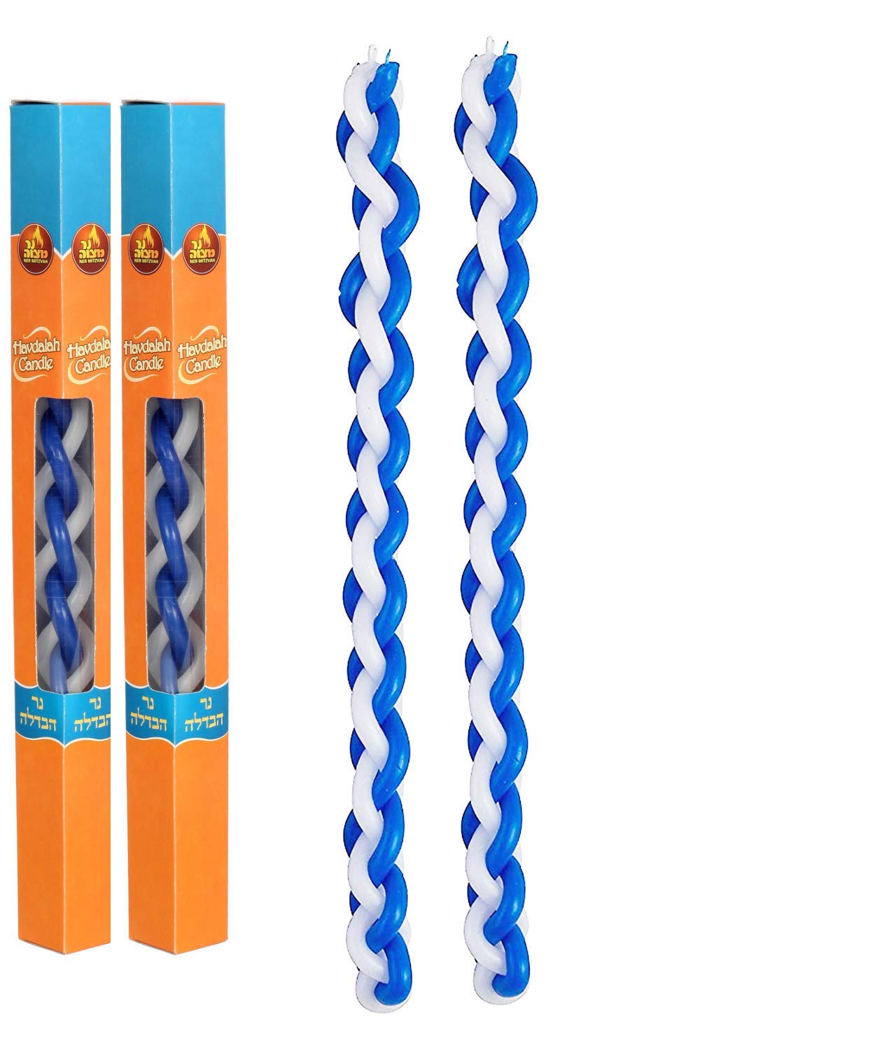 Ner Mitzvah Braided Havdalah Candle - 2-Pack - Blue and White Paraffin Wax - Handcrafted Havdallah Candle - Shabbat Judaica Gift