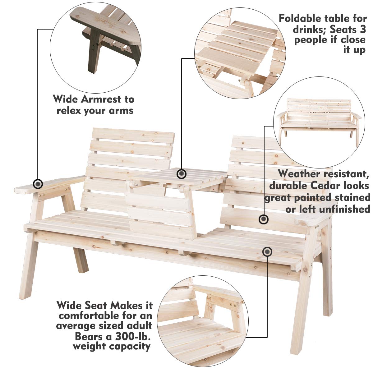 Kdgarden Cedar/Fir Log Wood Patio Garden Bench with Foldable Table, Outdoor Wooden Porch 3-Seat Bench Chair for Garden Balcony Patio Backyard, Natural Finish