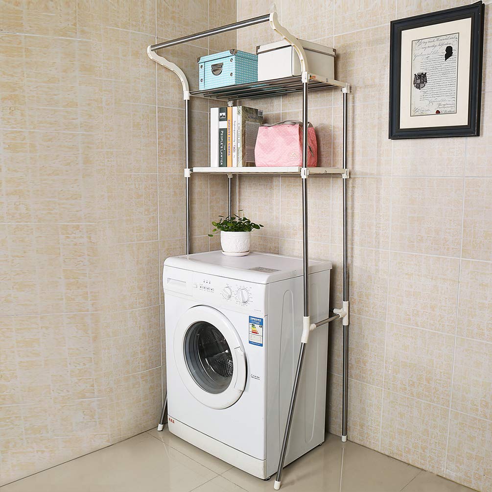 Hershii Over The Toilet Bathroom Storage Shelf Space Saving Organizer Rack Stand 2-Tier Shelving Units with Clothes Hanging Rod Rail - Ivory