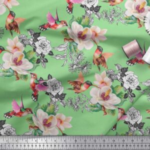 Soimoi Cotton Cambric Green Fabric - by The Yard - 42 Inch Wide - Hummingbird, Leaves & Flower Floral Textile - Playful and Delicate Fusion for Stylish Creations Printed Fabric