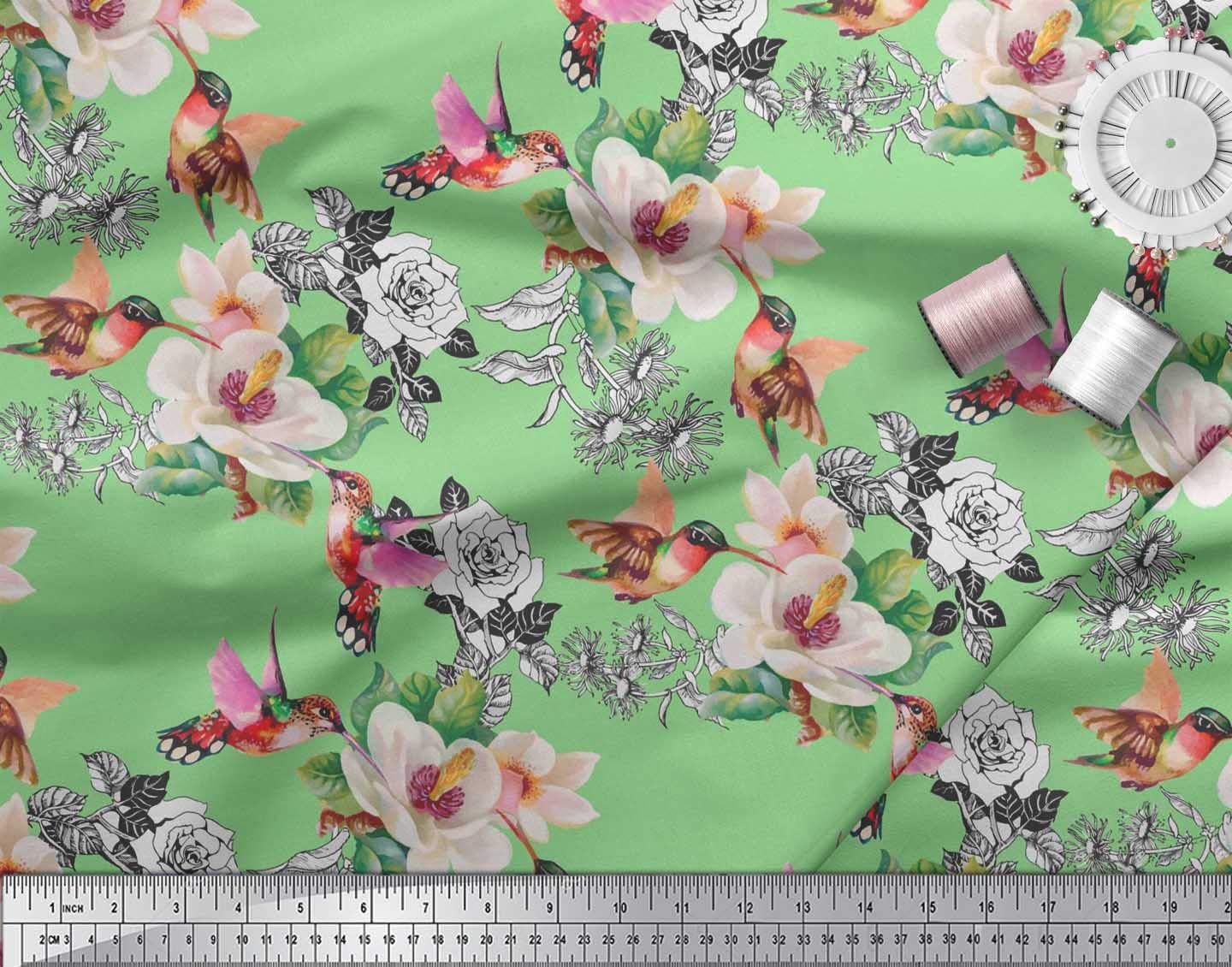 Soimoi Cotton Cambric Green Fabric - by The Yard - 42 Inch Wide - Hummingbird, Leaves & Flower Floral Textile - Playful and Delicate Fusion for Stylish Creations Printed Fabric