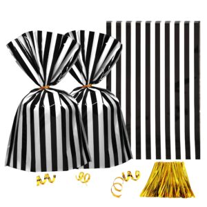 clear plastic cellophane treat bags - black white stripes party favors cello bags wedding baby shower birthday party cookie candy treat favors bags, 100pc