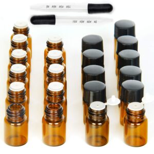 youngever essential oils bottles, 50 pcs 2 ml amber glass vials bottles with orifice reducers and black caps, with 2 glass transfer eye droppers