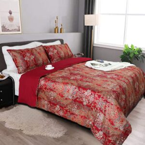 Softta Boho Bedding California King 3 Pcs Paisley Damask Pattern Bohemian Duvet Covers Quality red and Gold 100% Egyptian Cotton 1000 Thread Count Super Soft