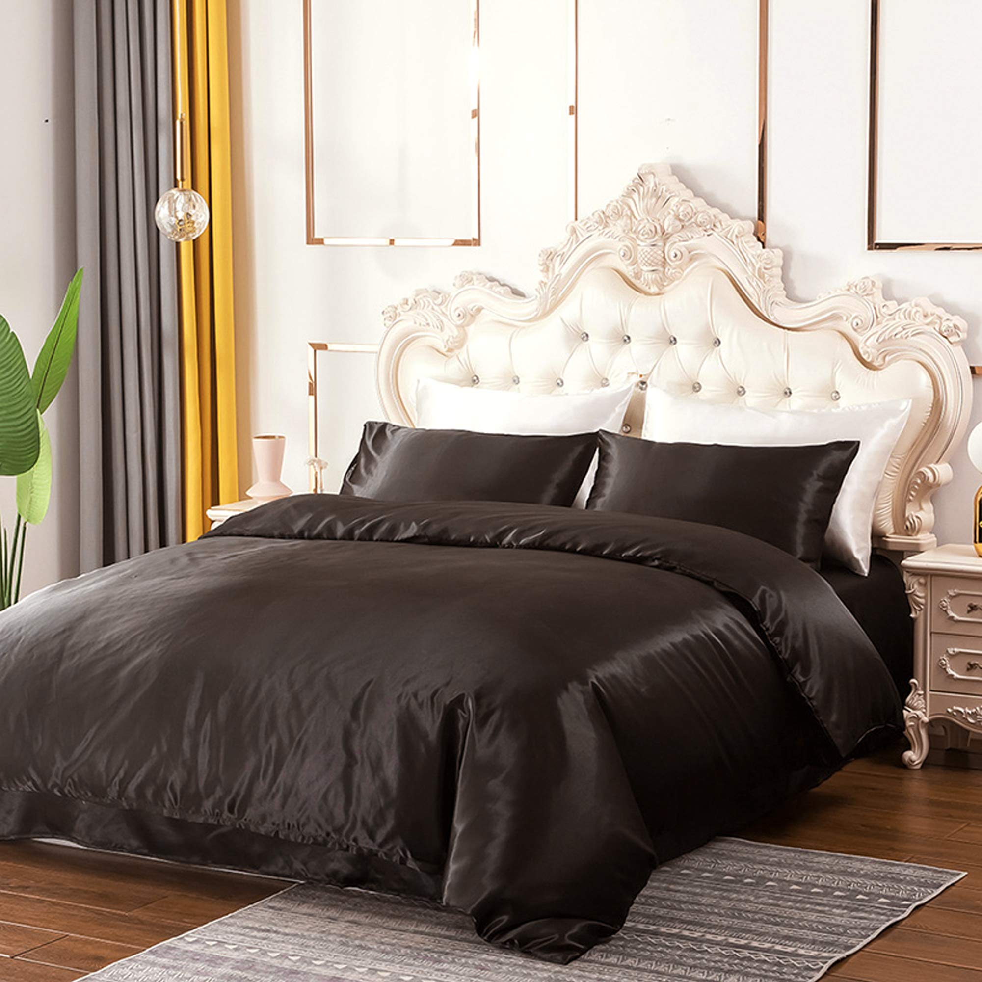 Vagasi Black Duvet Cover Set Queen Size 3 Pieces - Comforter Cover Super Soft with 2 Pillow Shams - Satin Bedding Set Breathable & Smooth with Zipper Closure