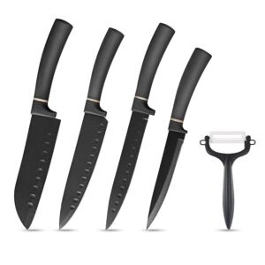 elabo 5 pieces black kitchen knife set - stainless steel non stick coating knives, includes 6'' chef knife, 7'' santoku knife, 7" slicer knife, 5''utility knife and ceramics peeler, rose gold