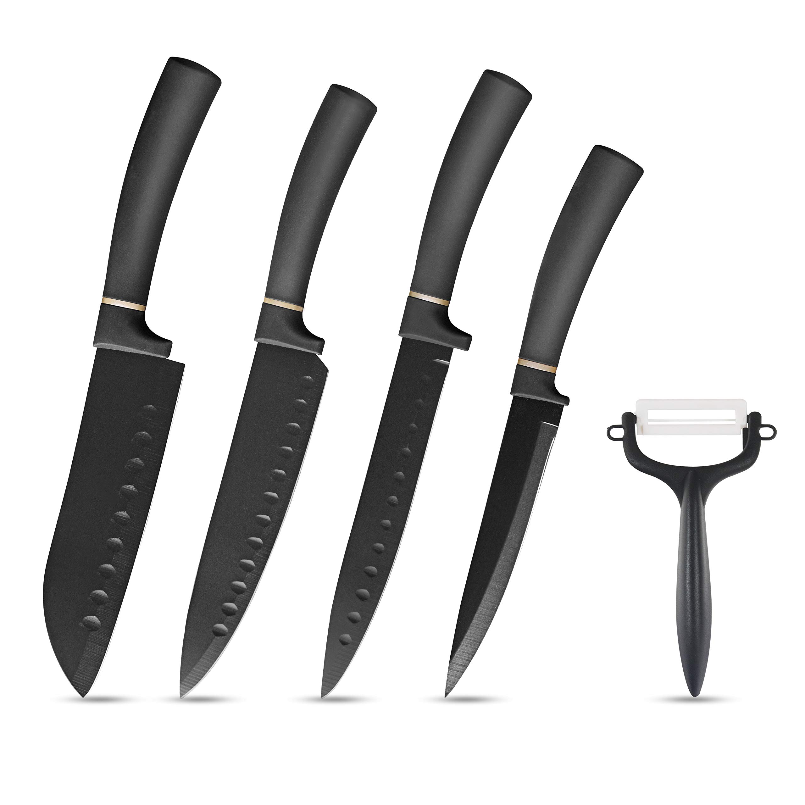 elabo 5 Pieces Black Kitchen Knife Set - Stainless Steel Non Stick Coating Knives, Includes 6'' Chef Knife, 7'' Santoku Knife, 7" Slicer Knife, 5''Utility Knife and Ceramics Peeler, Rose Gold