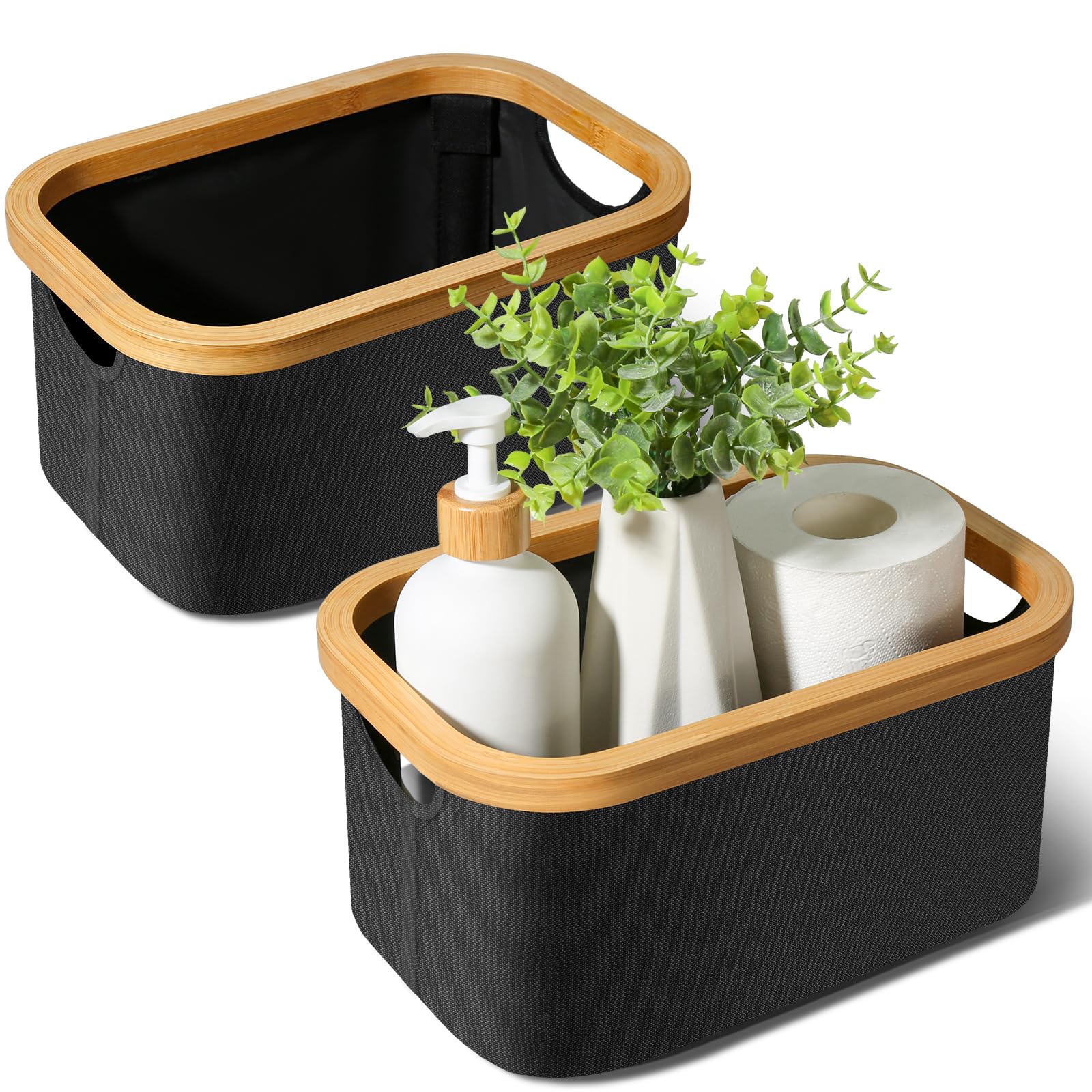 ALPIRIRAL Storage Basket For Organizing, Storage Baskets For Tank Topper, Black Storage Baskets For Shelves,Closet, Fabric Storage Bins With Bamboo Handles, 2 Pack