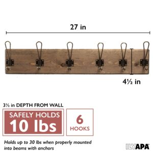 Ilyapa Barnwood Coat Rack Wall Mount - Wood Wall Mount Coat Rack with Hooks, 6 Metal Hooks - for Hats, Coats, Kitchen, Bedroom, and More - Barnwood