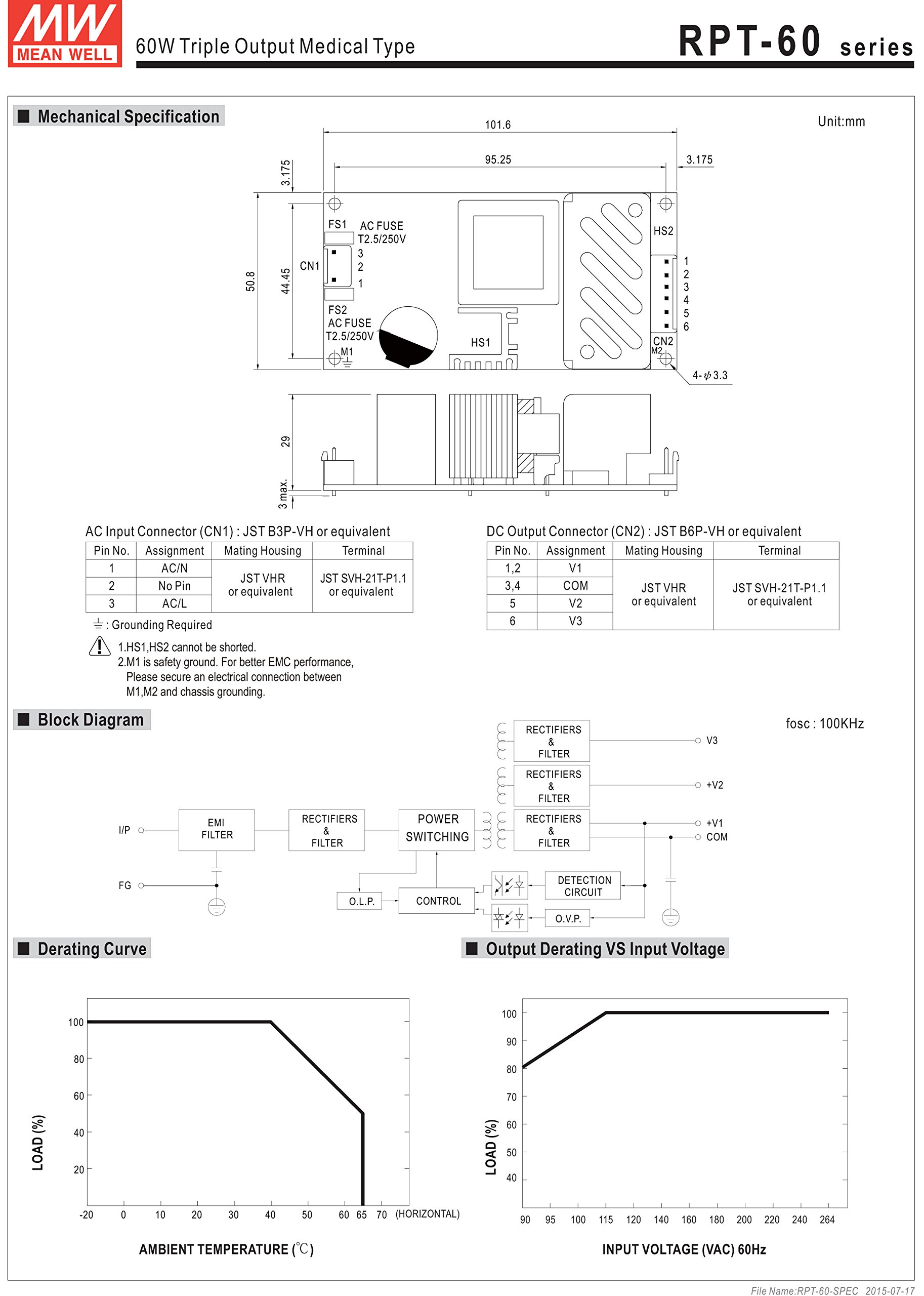 Mean Well Original RPT-60C Triple Output Medical Type Power Supply +/-15V 5V 0.5A 1.5A 4A 50W