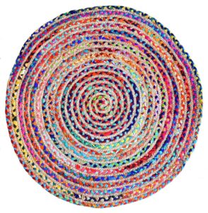 frelish decor round rug area rug, jute & cotton multi chindi braid rug, hand woven & reversible- handwoven from multi-color vibrant fabric rugs bohemian colorful rug (6 feet)