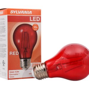 SYLVANIA LED Red Glass Filament A19 Light Bulb, Dimmable, Efficient 4.5W, E26 Medium Base - 1 Pack (70300)