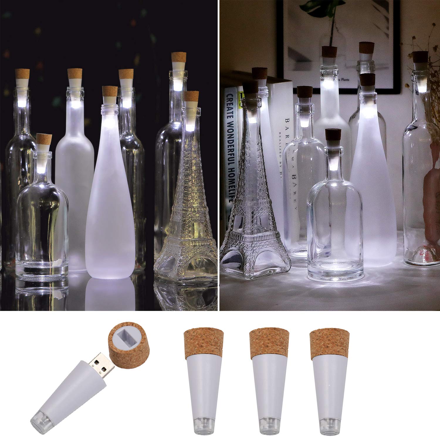 KZOBYD 4 Pack Rechargeable Bottle Lights Mini Cork Shaped Craft Lights USB Powered Fairy Cork Lights for Wine Bottles Party Décor Christmas Halloween Wedding (White)