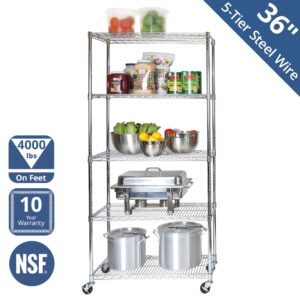 Seville Classics UltraDurable Commercial-Grade 5-Tier NSF-Certified Steel Wire Shelving with Wheels, 36" W x 18" D - Chrome