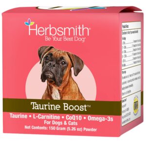 herbsmith taurine boost - cardiac and heart support for dogs and cats - taurine supplement for dog and cat heart health – with coq10, taurine and l-carnitine for dogs - 150g