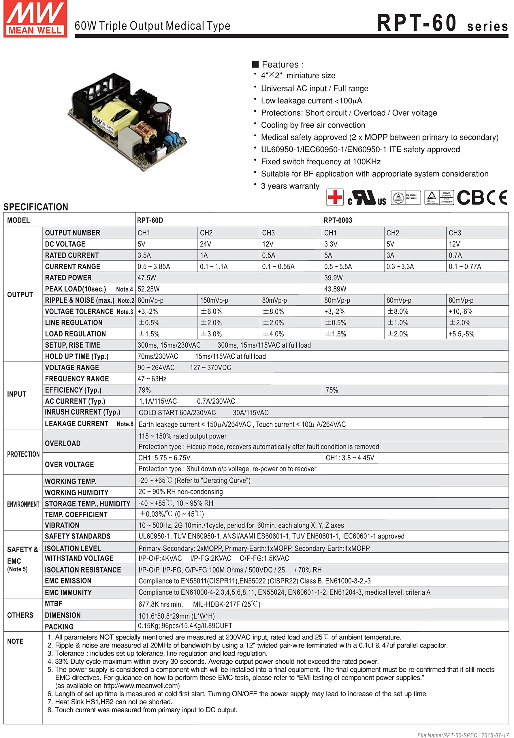 Mean Well Original RPT-60C Triple Output Medical Type Power Supply +/-15V 5V 0.5A 1.5A 4A 50W