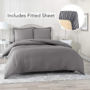 Nestl Duvet Cover with Fitted Sheet 4 Piece Set - Soft Double Brushed Microfiber Hotel Collection - Comforter Cover with Button Closure, Fitted Sheet, 2 Pillow Shams, Queen - Gray