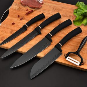 elabo 5 Pieces Black Kitchen Knife Set - Stainless Steel Non Stick Coating Knives, Includes 6'' Chef Knife, 7'' Santoku Knife, 7" Slicer Knife, 5''Utility Knife and Ceramics Peeler, Rose Gold