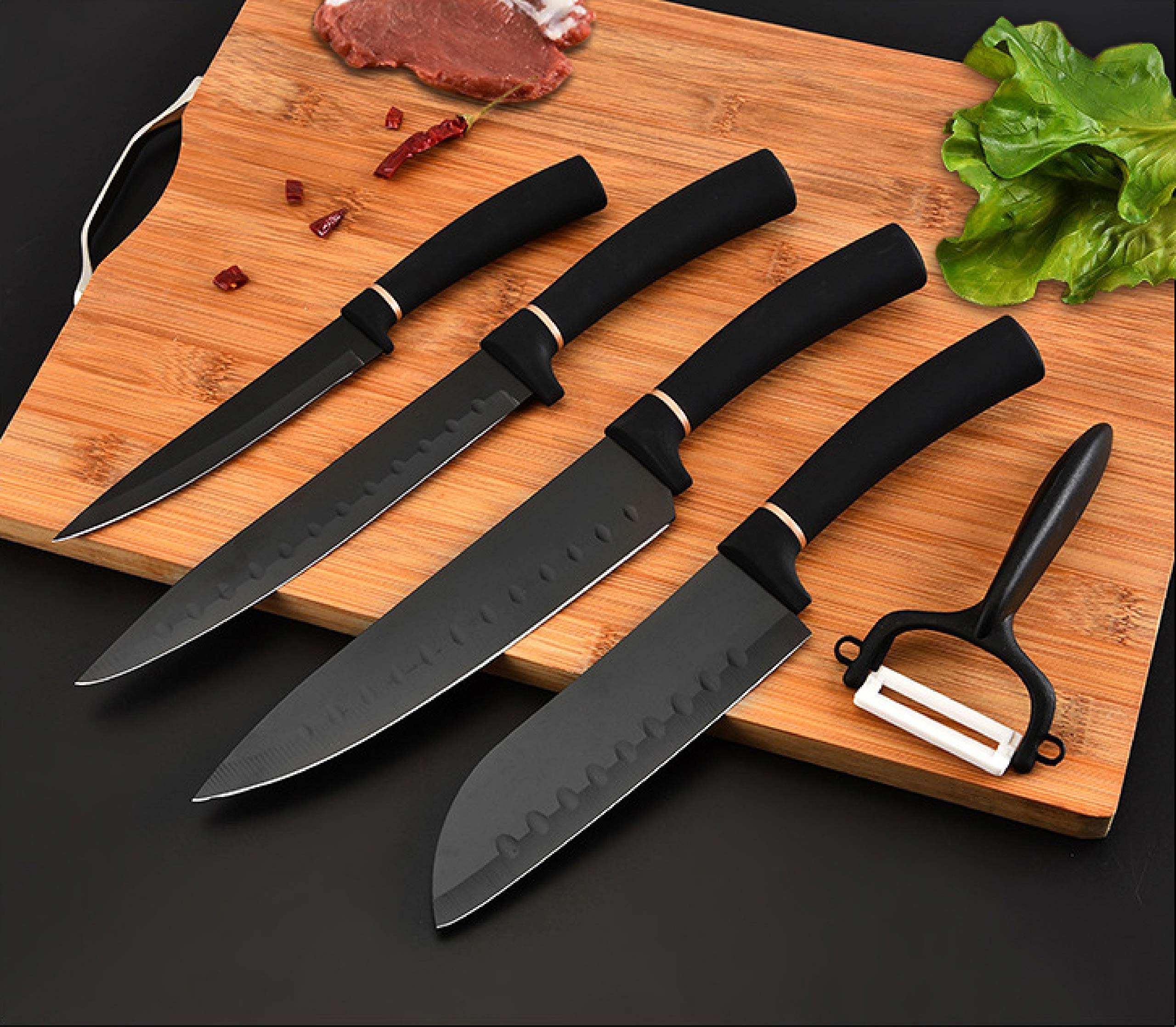 elabo 5 Pieces Black Kitchen Knife Set - Stainless Steel Non Stick Coating Knives, Includes 6'' Chef Knife, 7'' Santoku Knife, 7" Slicer Knife, 5''Utility Knife and Ceramics Peeler, Rose Gold