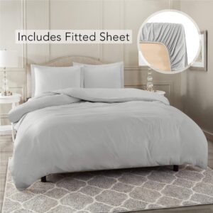 Nestl Duvet Cover with Fitted Sheet 4 Piece Set - Soft Double Brushed Microfiber Hotel Collection - Comforter Cover with Button Closure, Fitted Sheet, 2 Pillow Shams, Queen - Silver