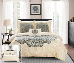 chic home mindy 4 piece reversible duvet cover set large scale boho inspired medallion paisley print design bedding-decorative pillow shams included, queen, beige