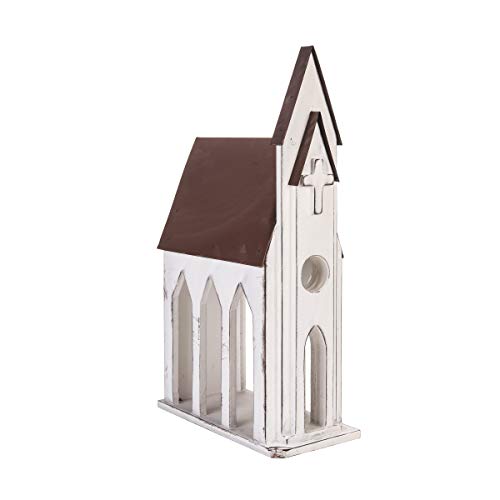 GALLERIE II 17.9" Rustic White Church w/Brown Roof Christmas Card Iron Mail Holder Xmas Festive Winter Holidays Table Tabletop Seasons Greetings Family Spiritual Holy Trinity Cross Home Decor