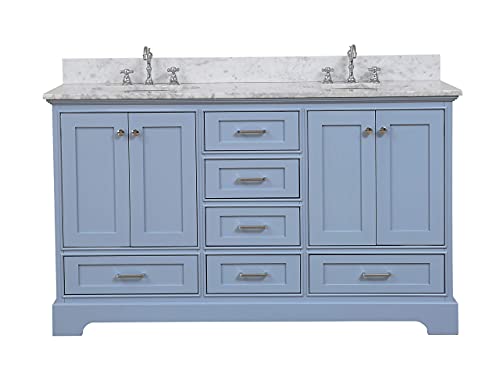 Kitchen Bath Collection Harper 60-inch Double Bathroom Vanity (Carrara/Powder Blue): Includes Powder Blue Cabinet with Authentic Italian Carrara Marble Countertop and White Ceramic Sinks