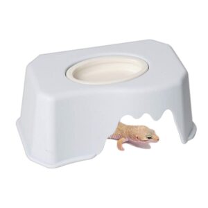 gecko hideout box with wider entrance, hide cave with sink to increase humidity and water supply, habitat water bowl for for lizards, turtles, reptiles, amphibians, small snake