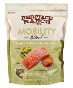 heritage ranch mobility salmon jerky style dog treat that are grain free for small and large dogs that help supports hip & joint wellness, one - 10oz bag