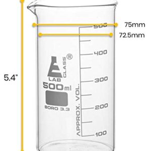 EISCO 6PK Beakers, 500ml - Tall Form with Spout - White, 50ml Graduations - Borosilicate 3.3 Glass