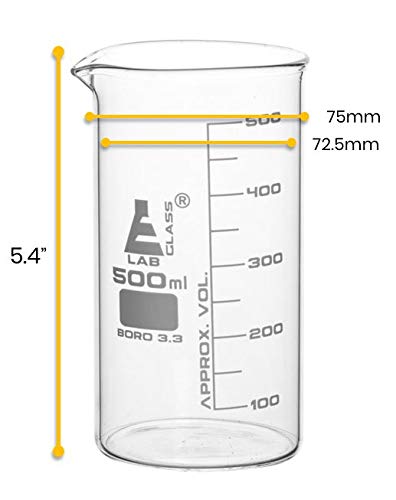 EISCO 6PK Beakers, 500ml - Tall Form with Spout - White, 50ml Graduations - Borosilicate 3.3 Glass