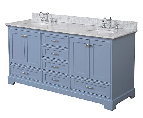 Kitchen Bath Collection Harper 72-inch Double Bathroom Vanity (Carrara/Powder Blue): Includes Powder Blue Cabinet with Authentic Italian Carrara Marble Countertop and White Ceramic Sinks