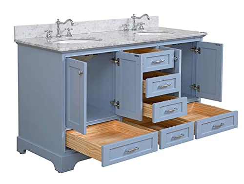 Kitchen Bath Collection Harper 60-inch Double Bathroom Vanity (Carrara/Powder Blue): Includes Powder Blue Cabinet with Authentic Italian Carrara Marble Countertop and White Ceramic Sinks