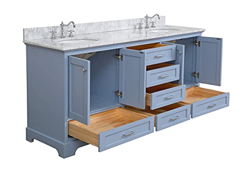 Kitchen Bath Collection Harper 72-inch Double Bathroom Vanity (Carrara/Powder Blue): Includes Powder Blue Cabinet with Authentic Italian Carrara Marble Countertop and White Ceramic Sinks