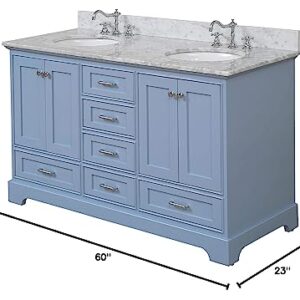 Kitchen Bath Collection Harper 60-inch Double Bathroom Vanity (Carrara/Powder Blue): Includes Powder Blue Cabinet with Authentic Italian Carrara Marble Countertop and White Ceramic Sinks