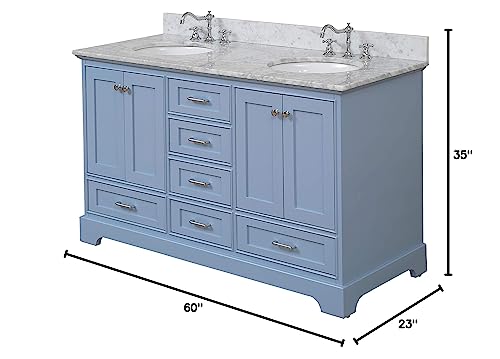 Kitchen Bath Collection Harper 60-inch Double Bathroom Vanity (Carrara/Powder Blue): Includes Powder Blue Cabinet with Authentic Italian Carrara Marble Countertop and White Ceramic Sinks