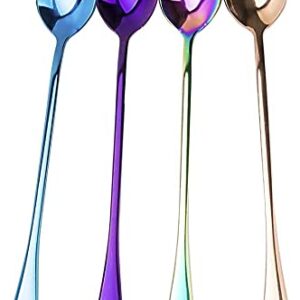 JUCOXO Long Handle Iced Tea Spoon, Stainless Steel Coffee Mixing Spoons, Long Cream Dessert Spoons Set of 4 (Multicolor), Dishwahser Safe