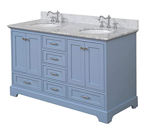 Kitchen Bath Collection Harper 60-inch Double Bathroom Vanity (Carrara/Powder Blue): Includes Powder Blue Cabinet with Authentic Italian Carrara Marble Countertop and White Ceramic Sinks