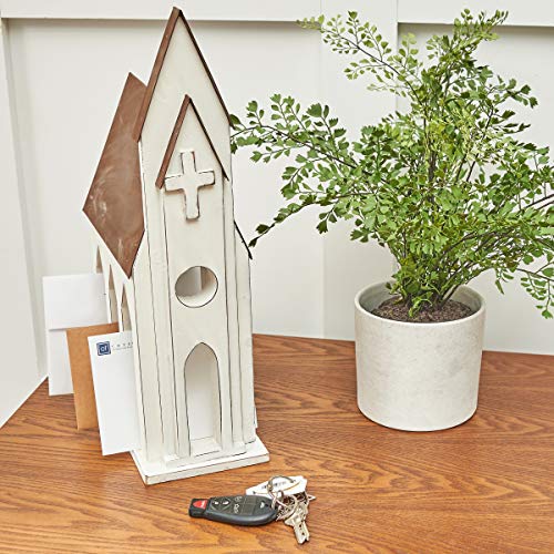 GALLERIE II 17.9" Rustic White Church w/Brown Roof Christmas Card Iron Mail Holder Xmas Festive Winter Holidays Table Tabletop Seasons Greetings Family Spiritual Holy Trinity Cross Home Decor