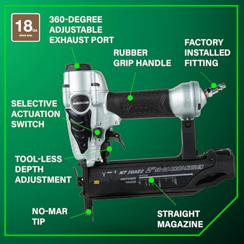 Metabo HPT Brad Nailer Kit | Pro Preferred Brand of Pneumatic Nailers | 18 Gauge | Accepts 5/8 to 2-Inch Brad Nails | Ideal for Trim Work, Furniture Building & Other Finish Applications | NT50AE2