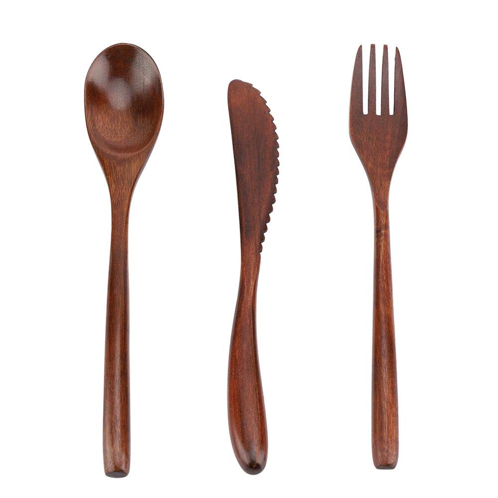 3Pcs Wooden Spoon Fork Knife Cutlery Set, Japanese Reusable Wooden Bamboo Cutlery Set