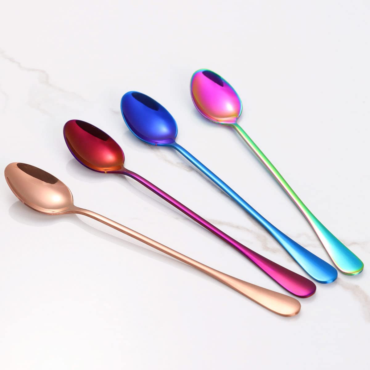 JUCOXO Long Handle Iced Tea Spoon, Stainless Steel Coffee Mixing Spoons, Long Cream Dessert Spoons Set of 4 (Multicolor), Dishwahser Safe