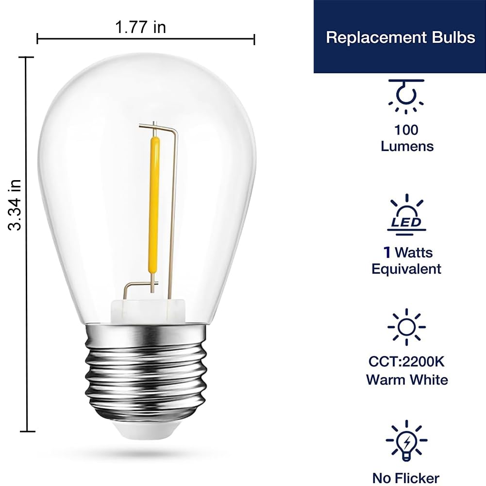 SDUCSL S14 Outdoor String Light Bulbs,1W Replacement 11W Incandescent Bulb, 2200K Warm White, 1 Watt Shatterproof Plastic Vintage Edison LED Light Bulbs, Waterproof, E26 Screw Base(16 Pack)