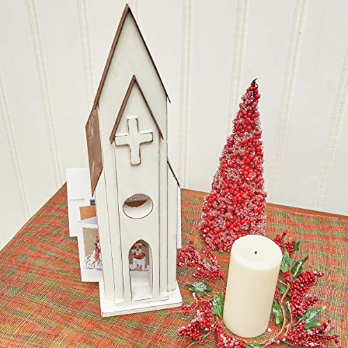 GALLERIE II 17.9" Rustic White Church w/Brown Roof Christmas Card Iron Mail Holder Xmas Festive Winter Holidays Table Tabletop Seasons Greetings Family Spiritual Holy Trinity Cross Home Decor