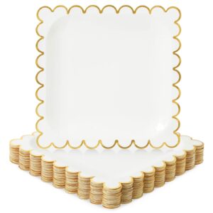 juvale 48 pack square white and gold paper plates with foil scalloped edges for wedding, bridal shower, birthday (9 in)