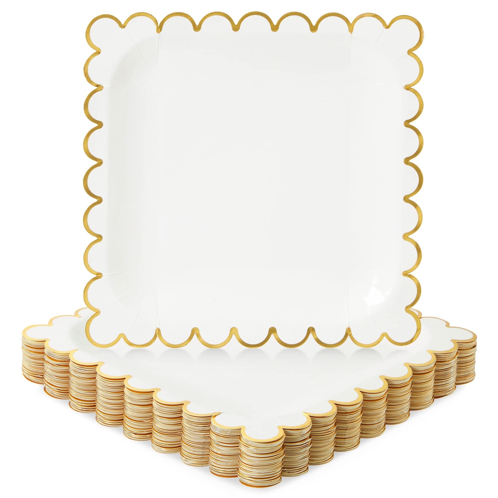 Juvale 48 Pack Square White and Gold Paper Plates with Foil Scalloped Edges for Wedding, Bridal Shower, Birthday (9 In)