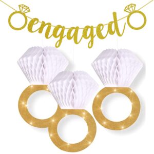 engagement party decorations|bridal shower supplies| honeycomb ring hanging decorations,glitter gold diamond ring（(3pcs),engaged banner gold glittery letters and diamond ring for party decorations