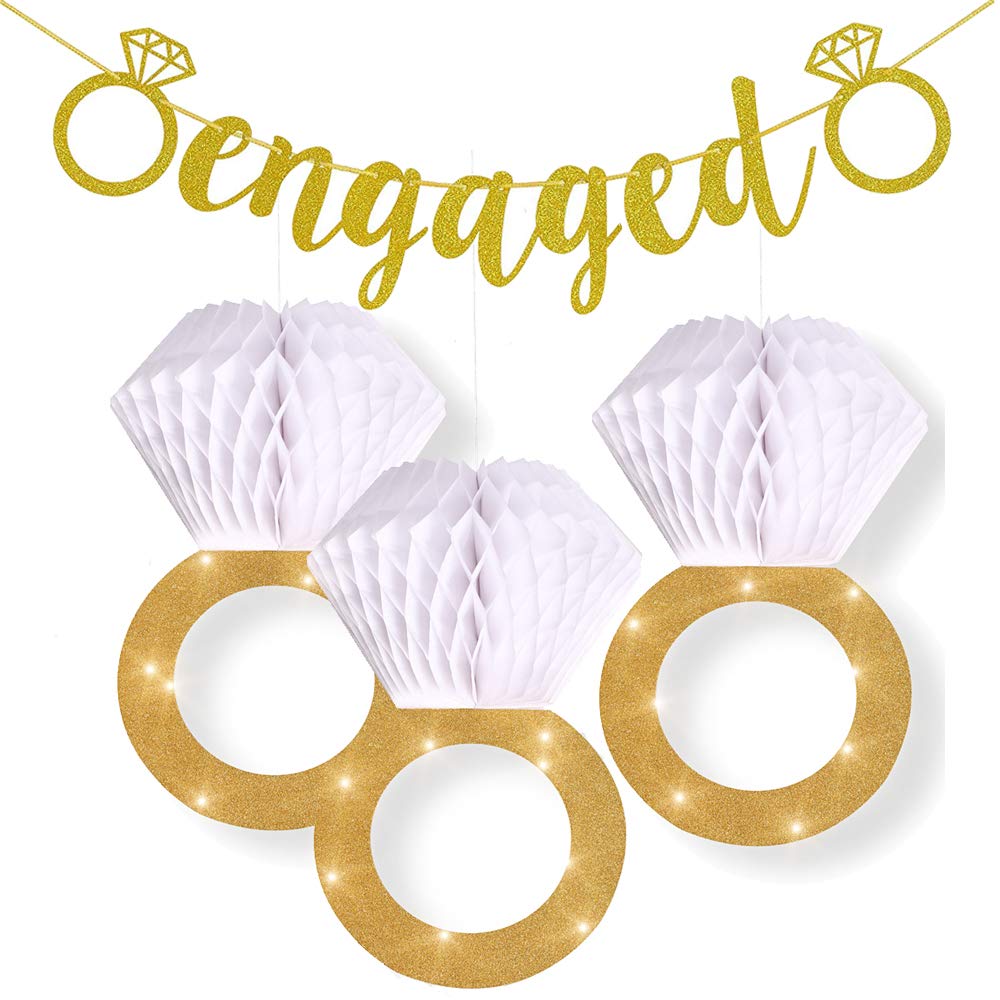 Engagement Party Decorations|Bridal Shower Supplies| Honeycomb Ring Hanging Decorations,Glitter Gold Diamond Ring（(3pcs),Engaged Banner Gold Glittery Letters and Diamond Ring for Party Decorations