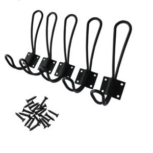 ymaiss 5 packs of rustic heavy duty double coat hooks,vintage wall mounted hangers,metal decorative entryway hat hook black big, farmhouse shabby chic hanging look with screws included