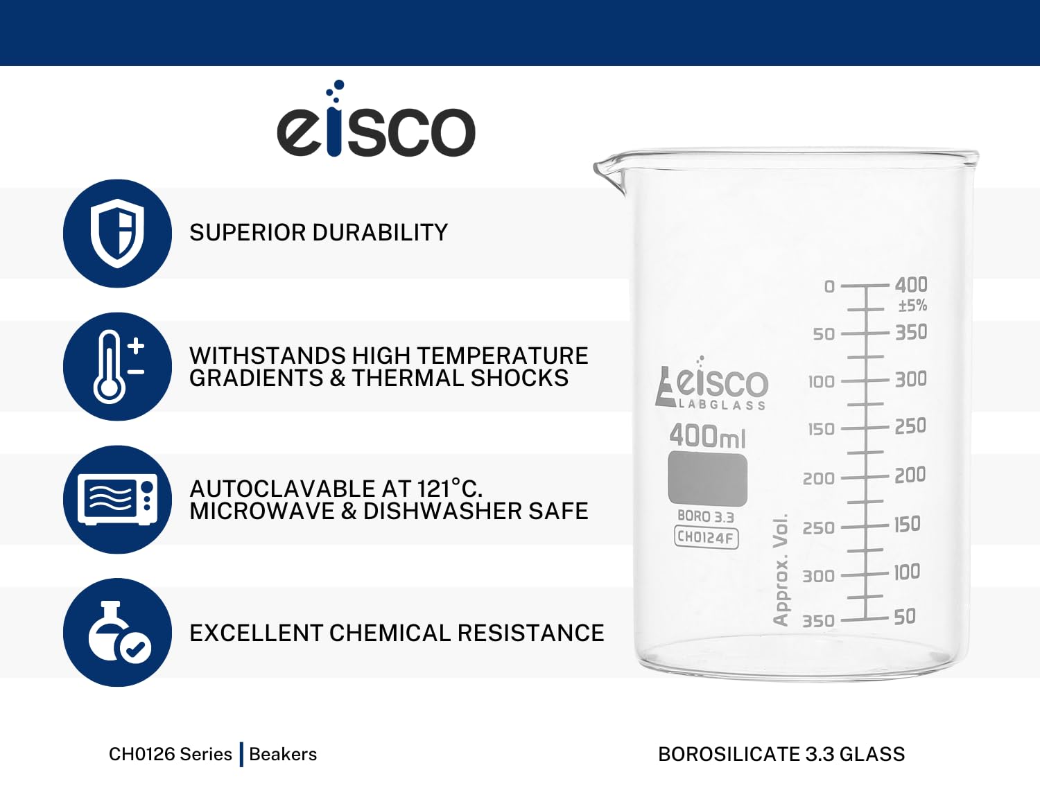 EISCO 6PK Beakers, 500ml - Tall Form with Spout - White, 50ml Graduations - Borosilicate 3.3 Glass